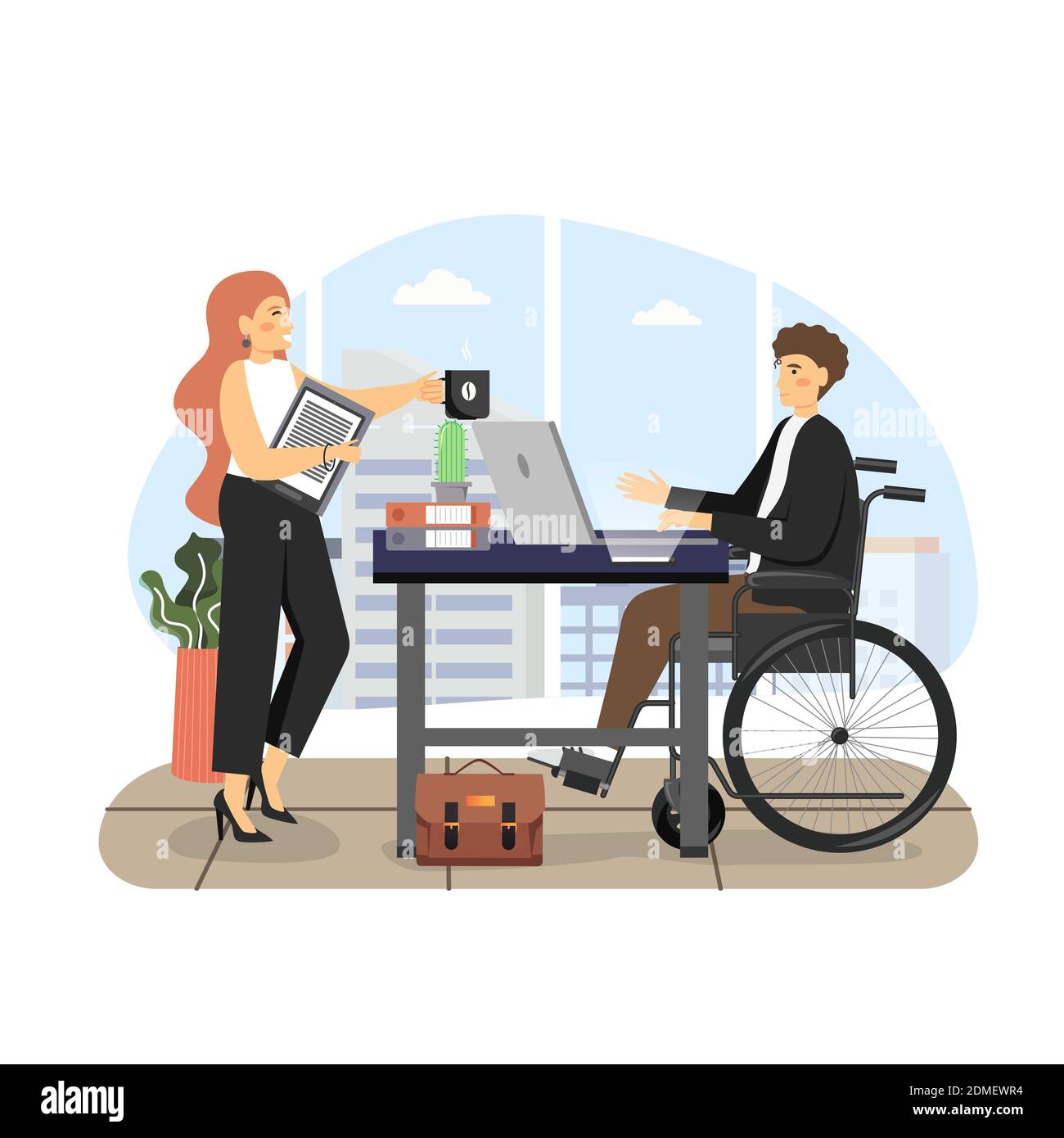 Disabled Man Using Wheelchair Working On Laptop Computer In Office