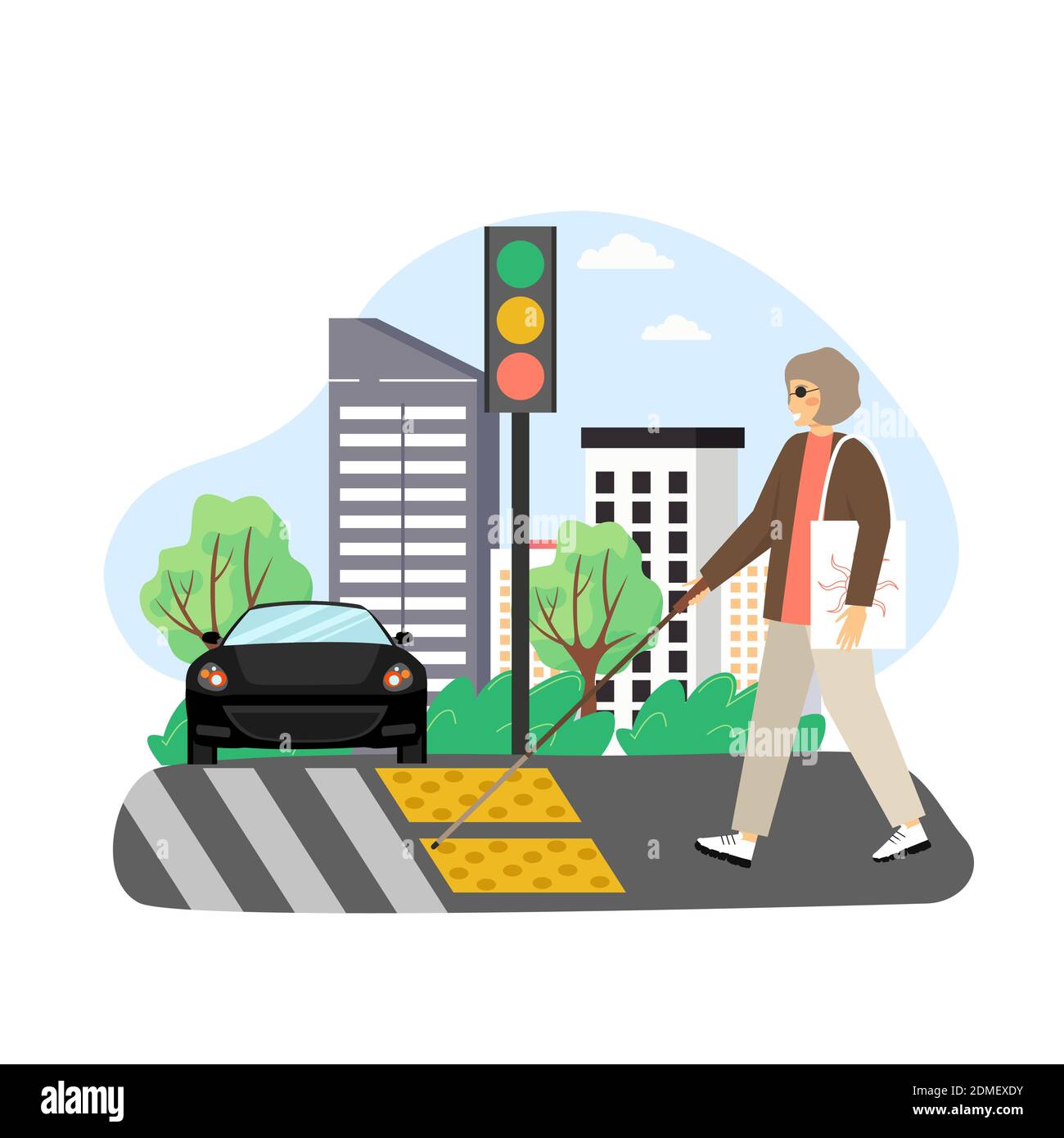 Blind woman with cane crossing street at the lights and crosswalk with ...