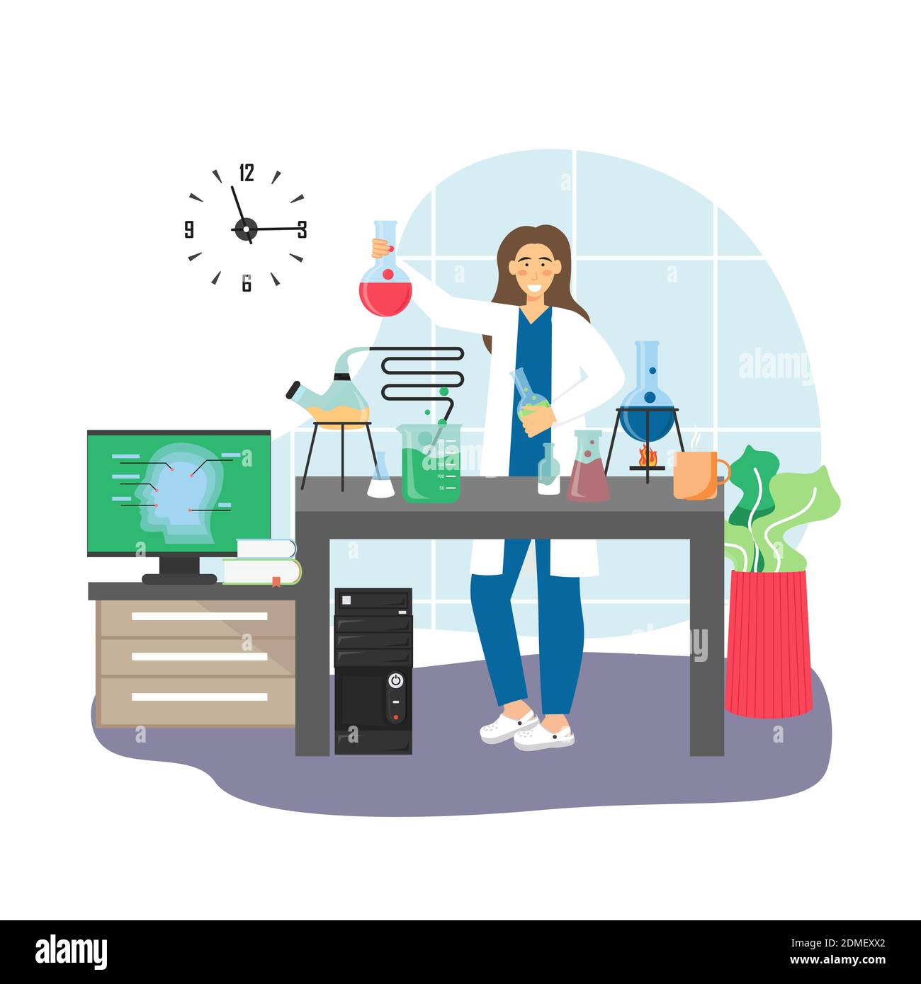 Scientist female character conducting chemistry experiment, flat vector ...
