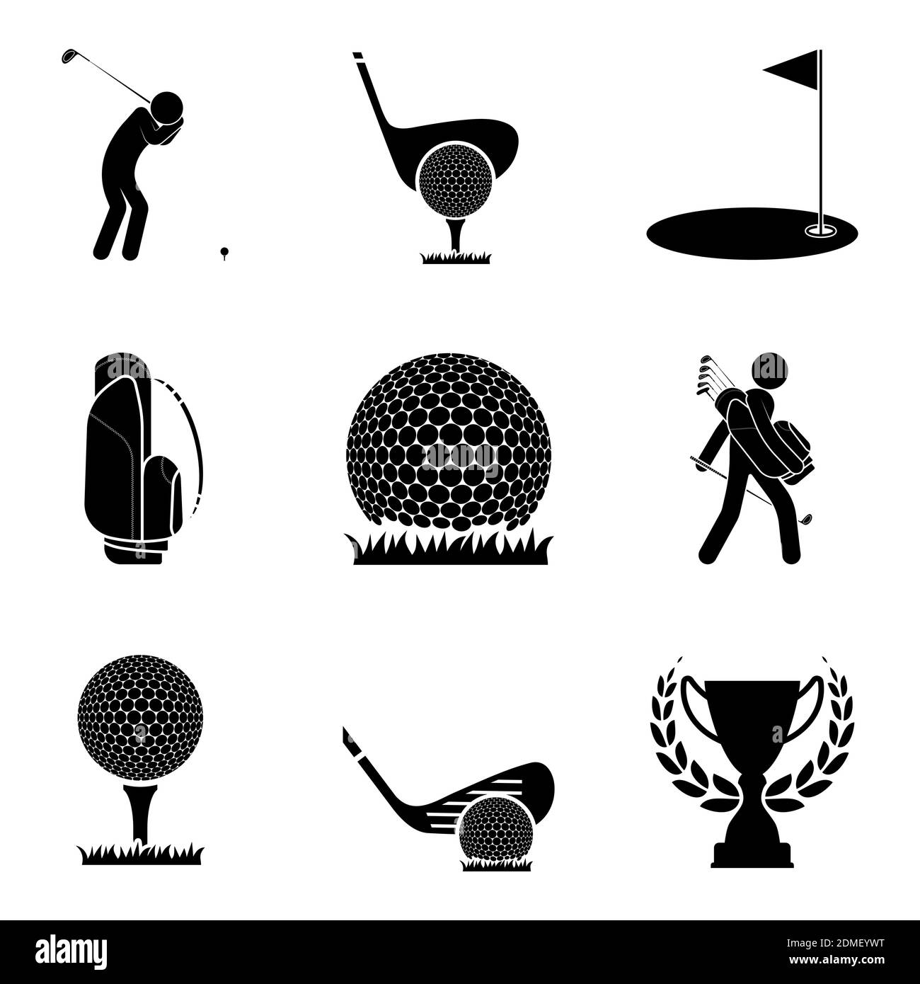 Set Of Golf Icons Ball Cup Athlete Golf Course With Flag Sport Bag