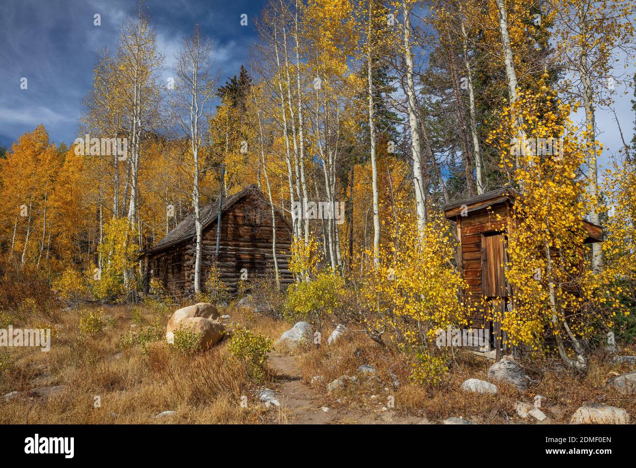 Abandoned log cabin with outhouse in fall, Brighton, Big Cottonwood ...