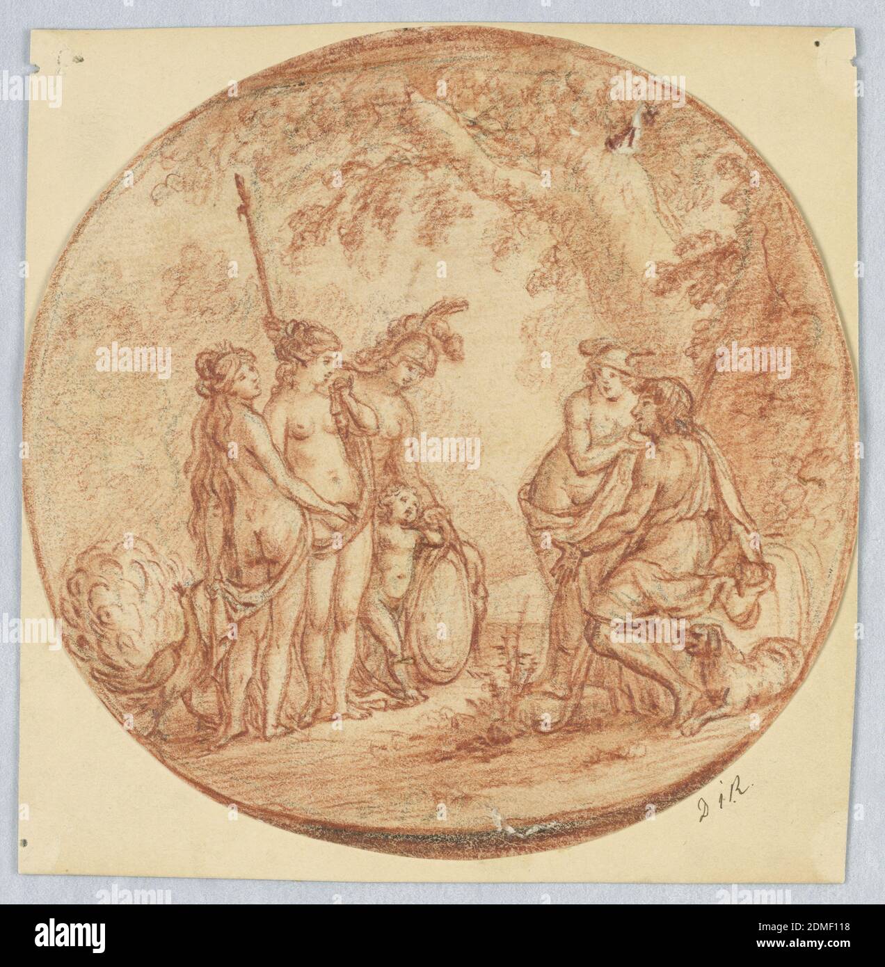 Classical Figures, Graphite, red chalk on paper, Roundel with classical ...