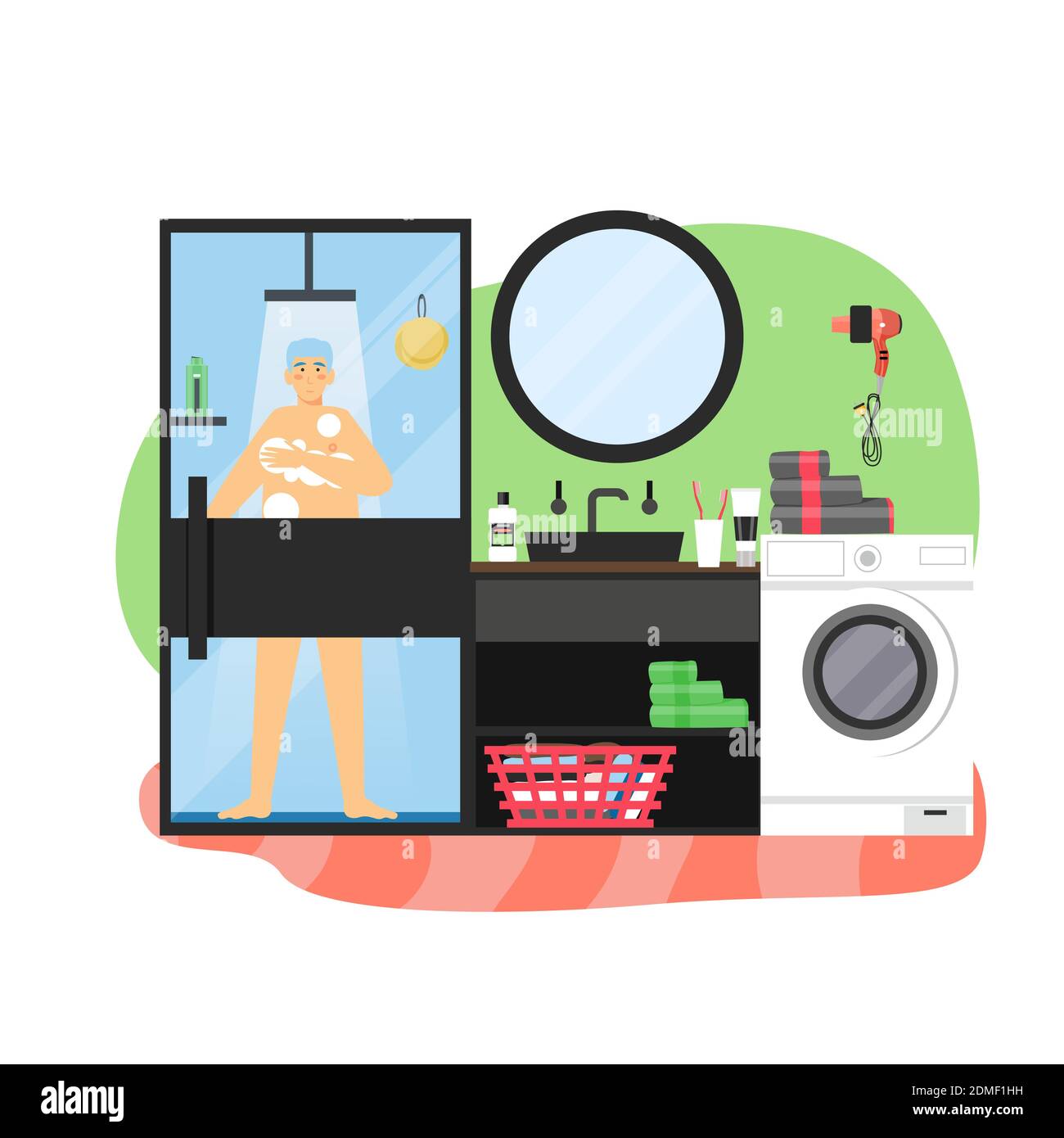 Daily life, morning routine. Young man taking shower in bathroom, flat ...