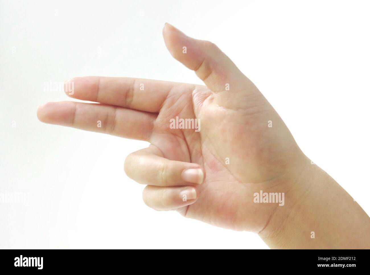 Cropped Hand Of Person Making Gun Sign Against White Background Stock ...