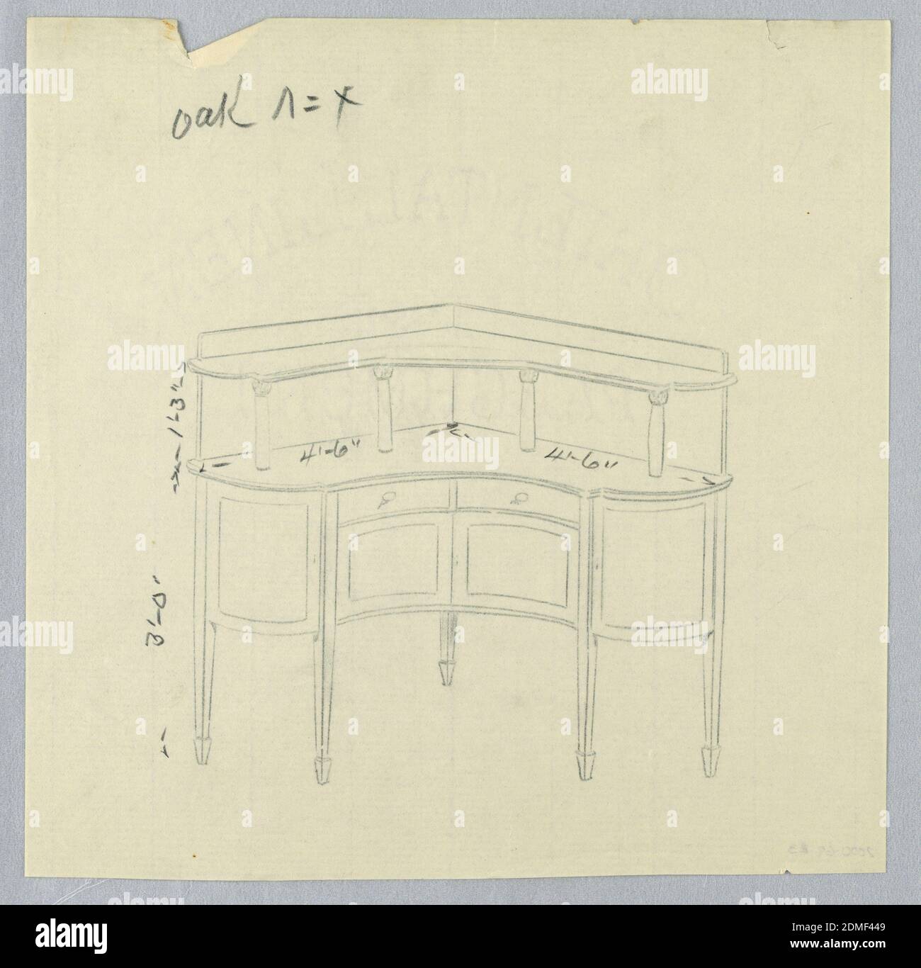 Design for Oak Corner Sideboard, A.N. Davenport Co., Graphite on thin ...