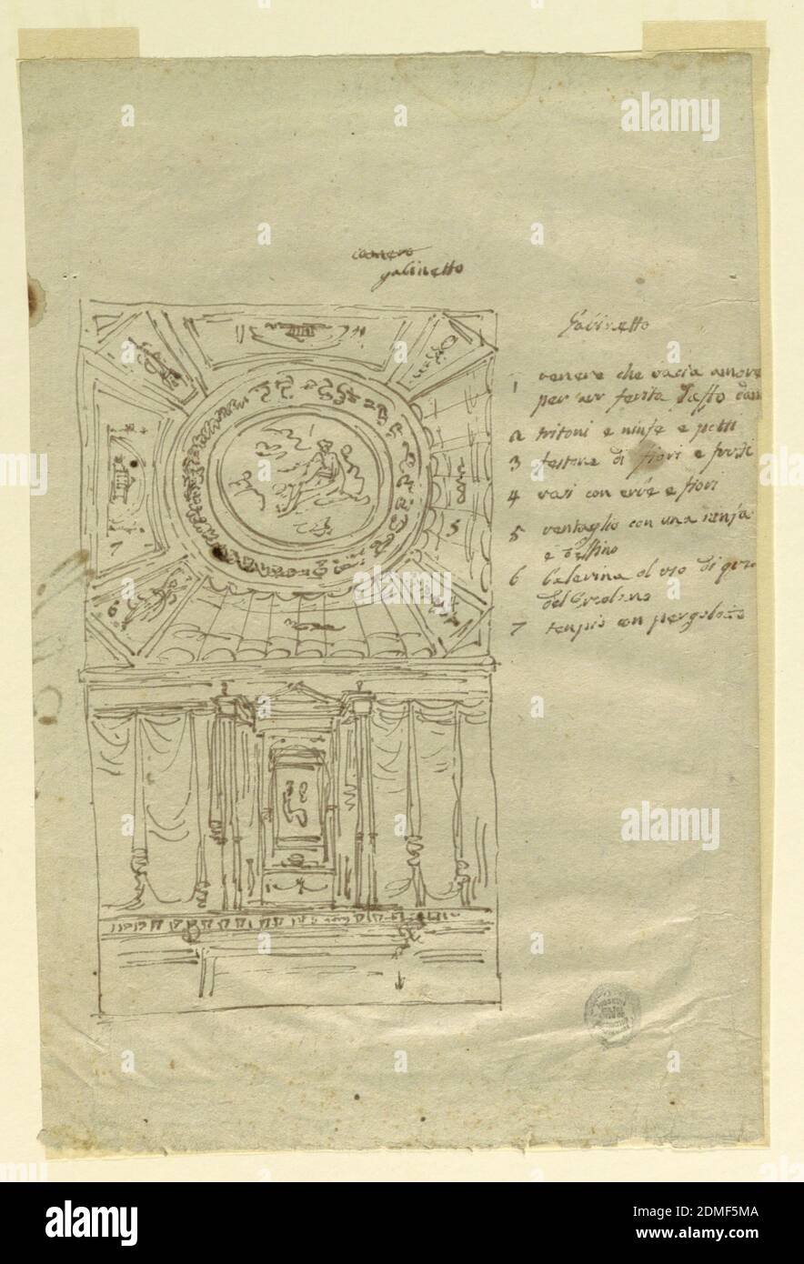 Project for a Hall, Charcoal on paper, At top, design for a ceiling ...