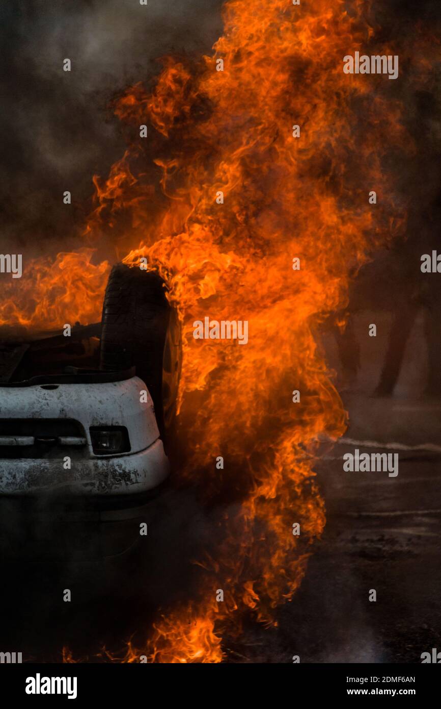Transportation damaged burning flame destruction hi-res stock ...