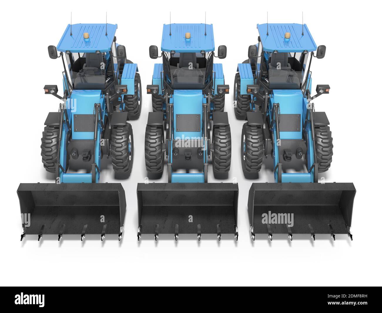 Group of large road frontal loader for road works 3D rendering on white ...