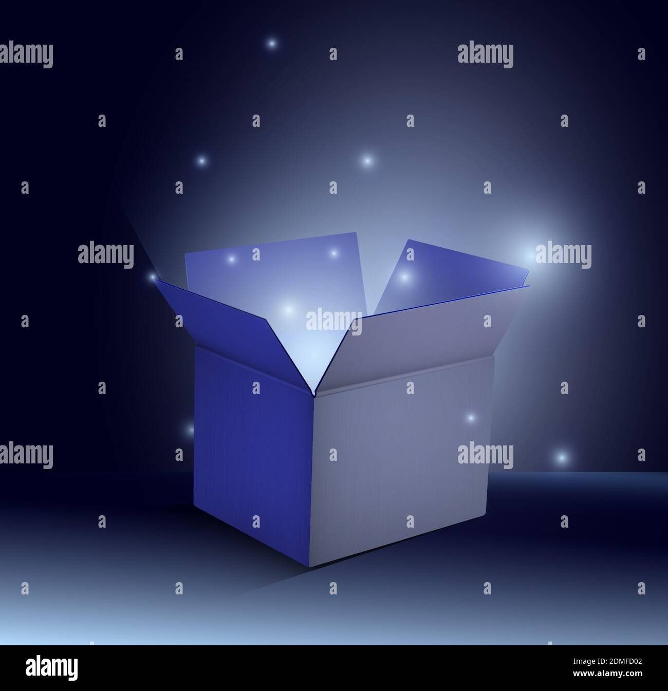 Magic glowing cardboard box with bright light inside. Opened gift ...