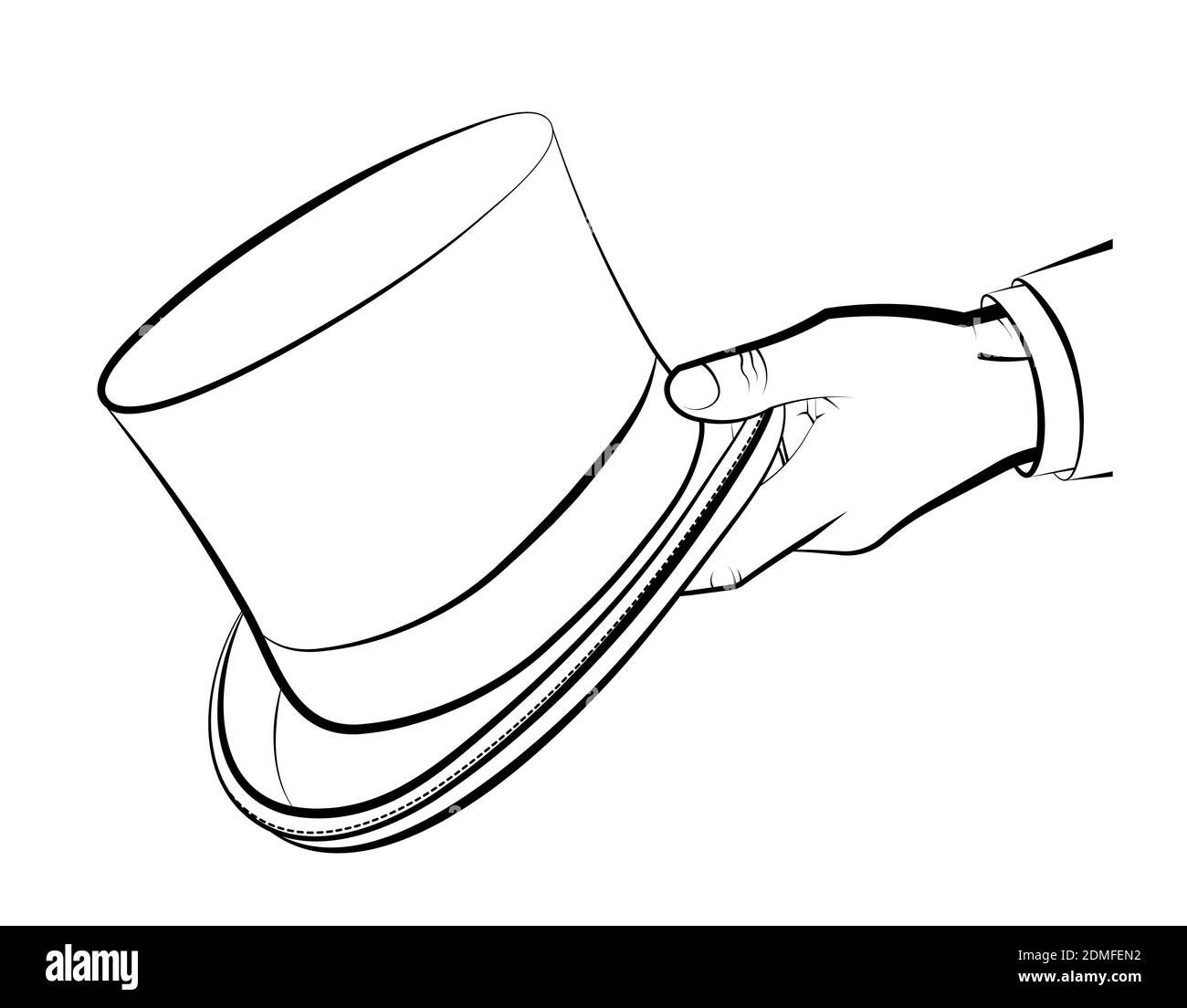 gentleman hand holds a top hat, cylinder. Clothes of a wizard ...