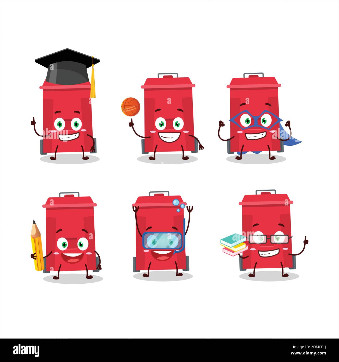 School student of plastic trash can cartoon character with various ...