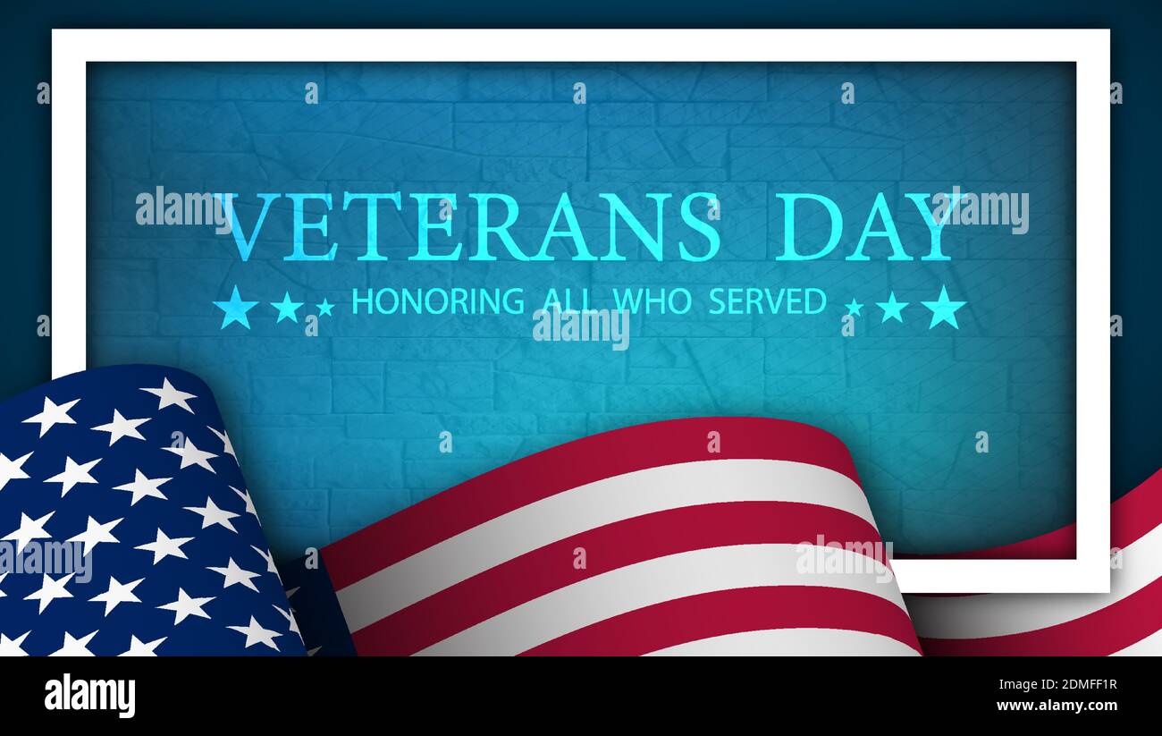 Happy veterans day festive banner with American flag and memorial wall ...