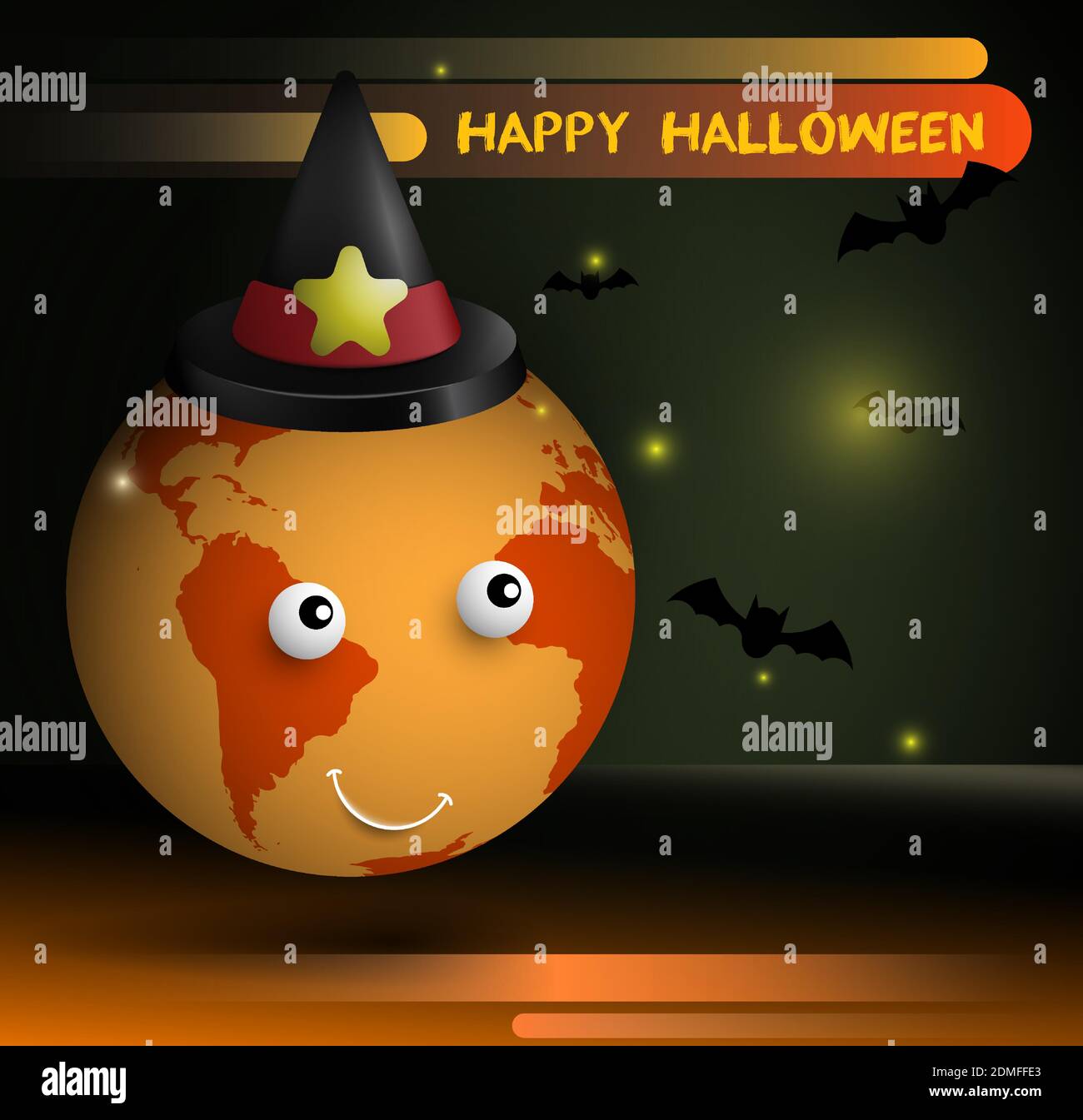 Joyful planet earth in wizard hat celebrates Halloween. Bats and ...