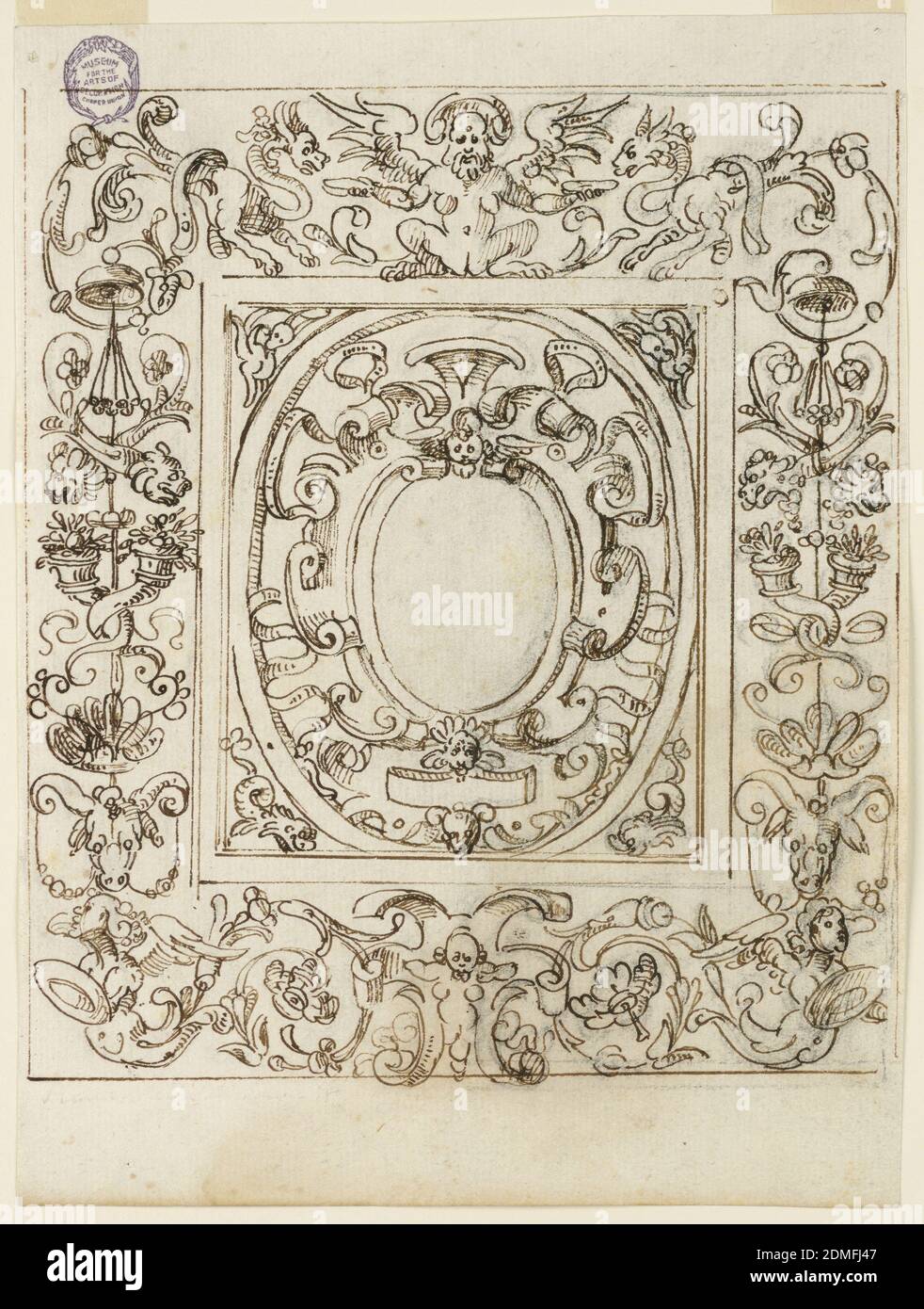 Grotesque Design, Charcoal, pen and ink on paper, Grotesque frame with ...