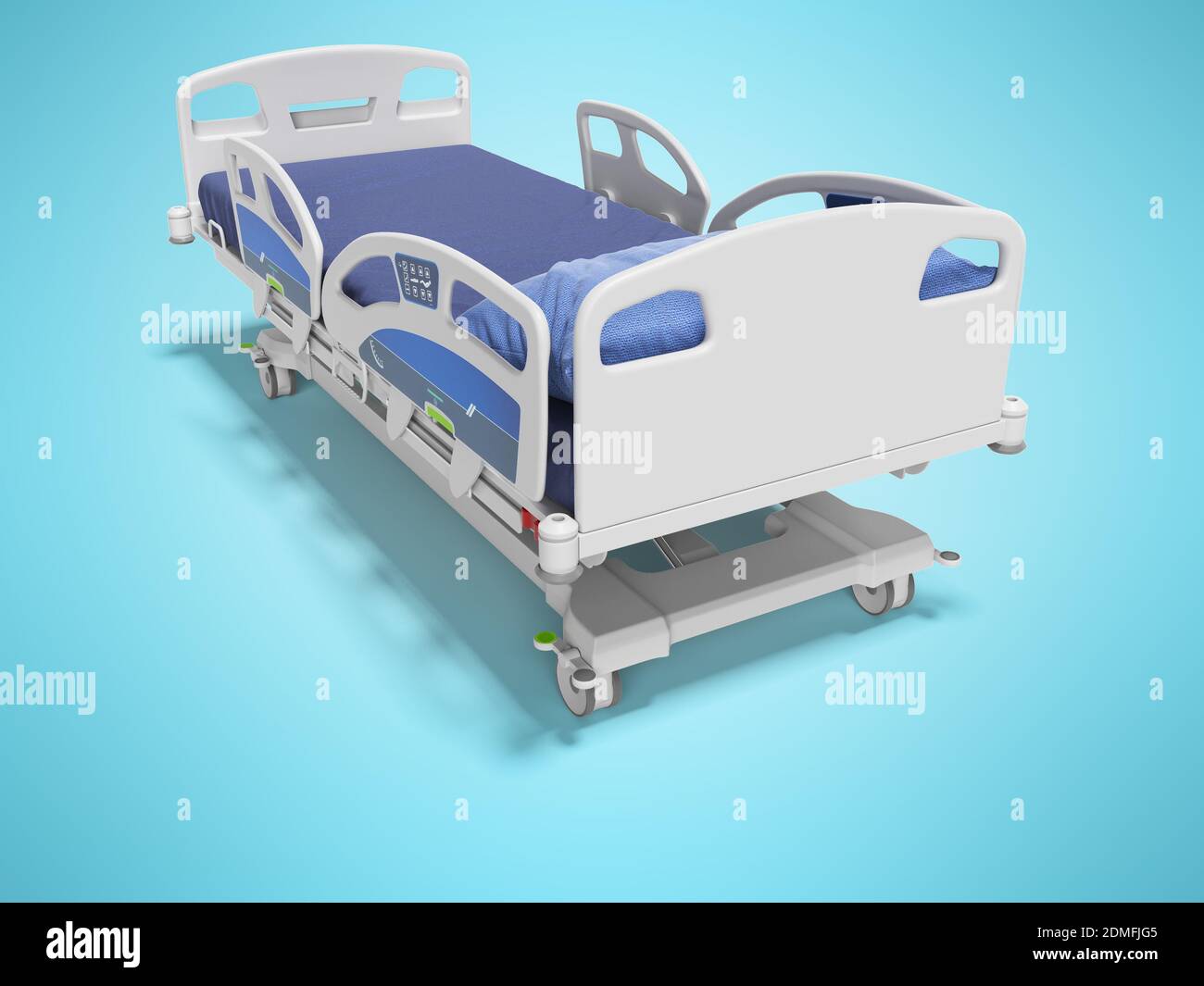 Modern hospital bed with lifting mechanism on the control panel 3d ...