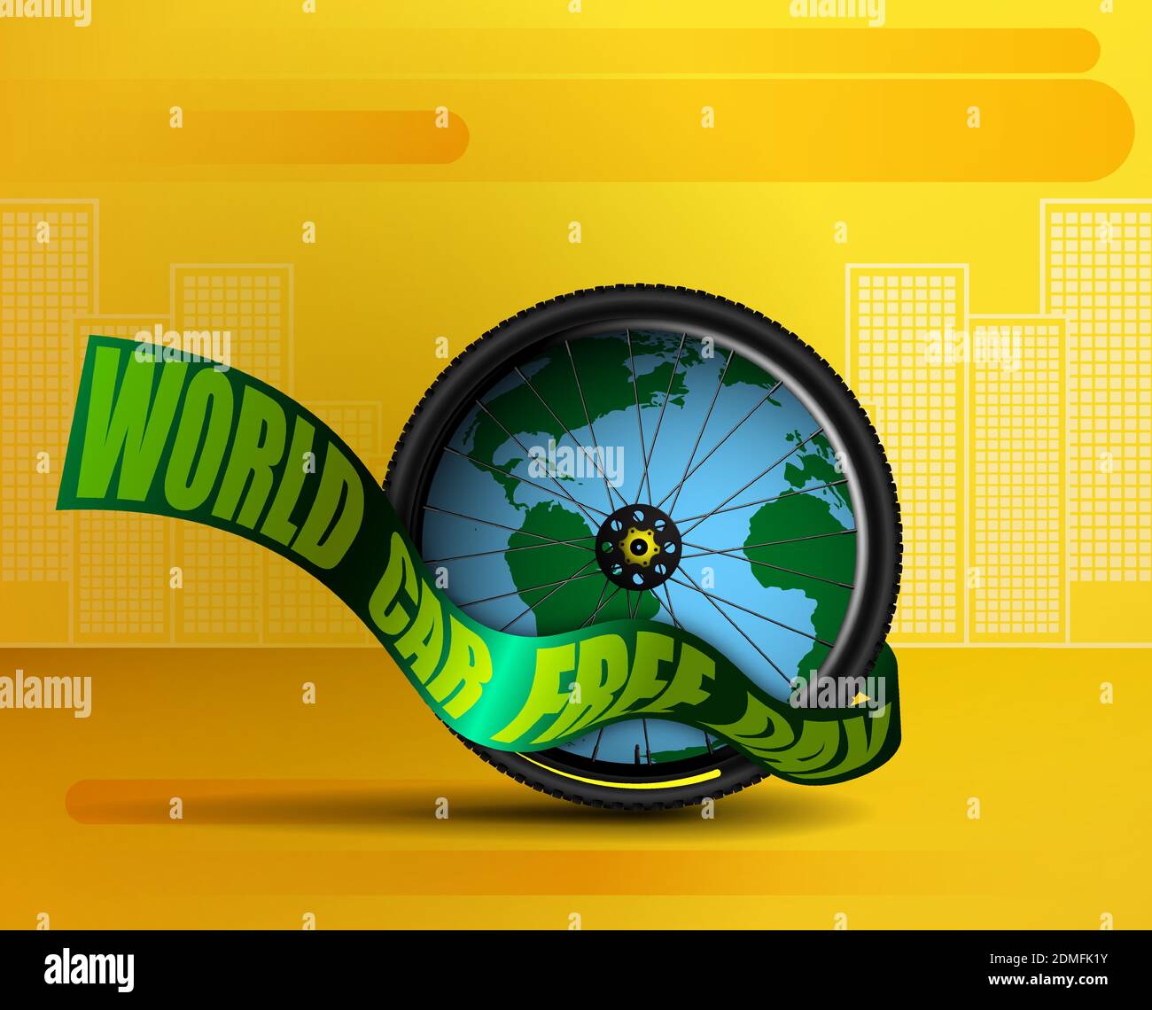 World car free day banner or poster. Bicycle wheel on the background of ...