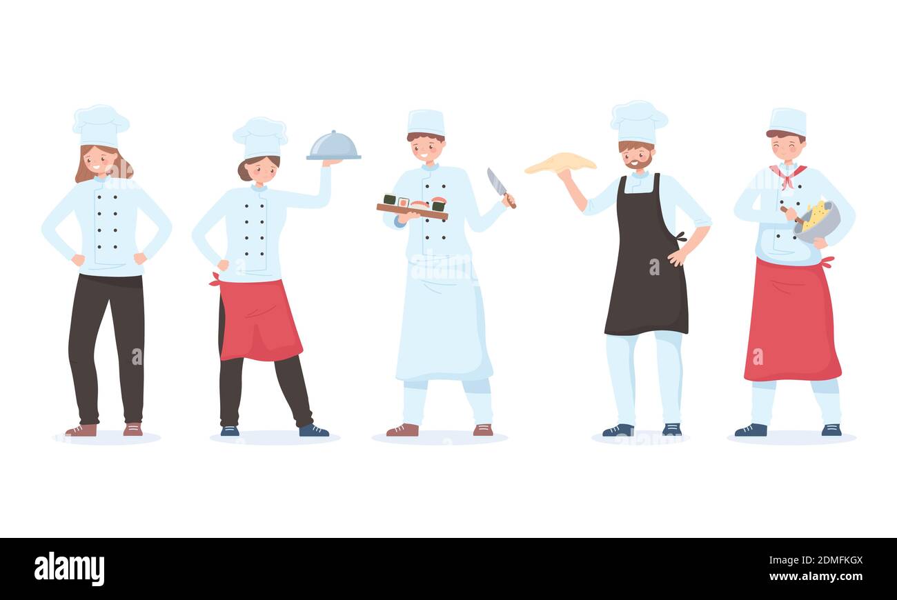 chef characters set, cartoon restaurant staff with tray and different ...