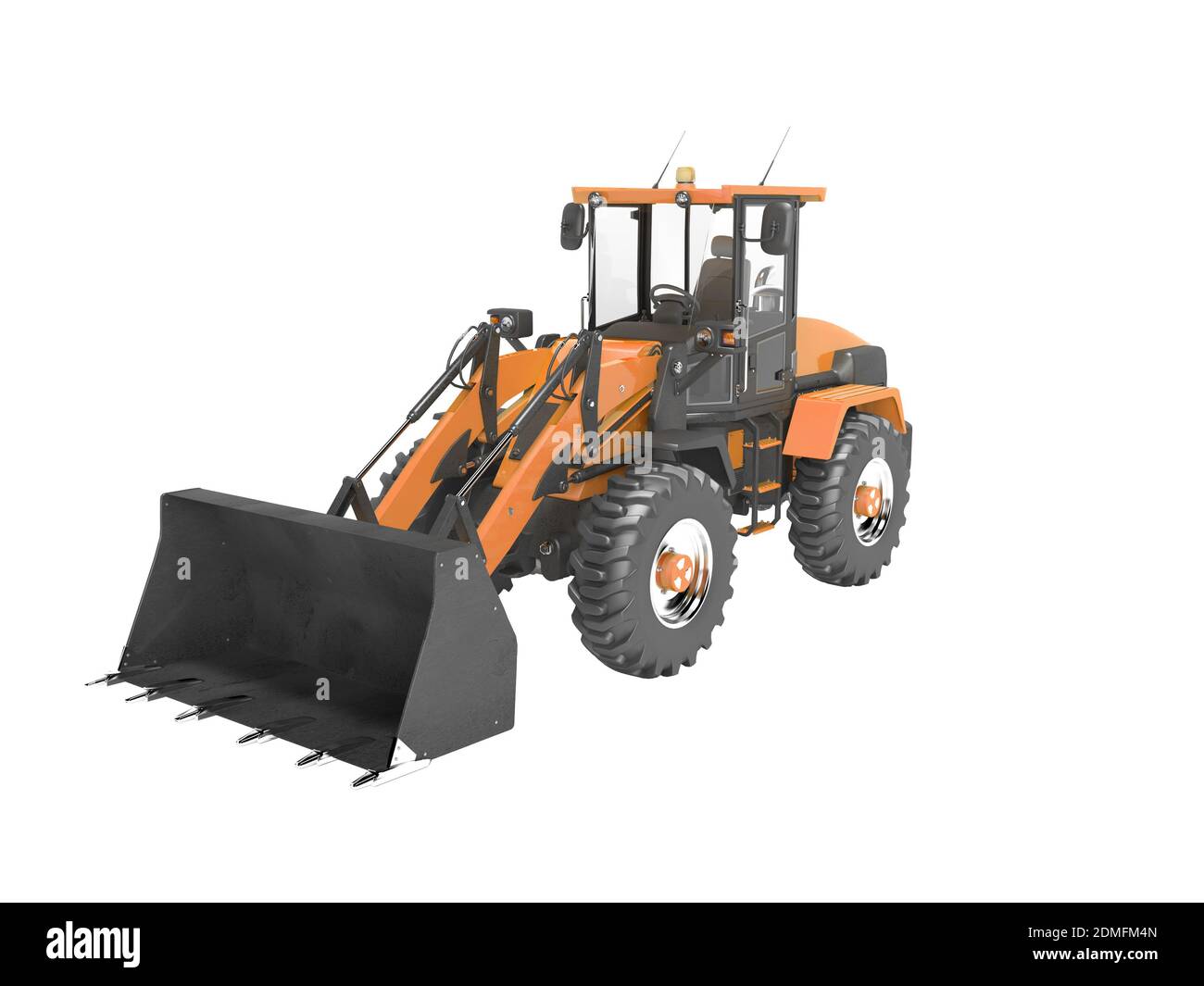 Orange large road frontal loader for road works 3D rendering on white ...
