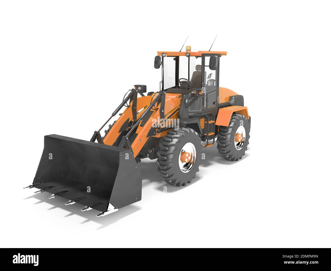 Orange large road frontal loader for road works 3D rendering on white ...