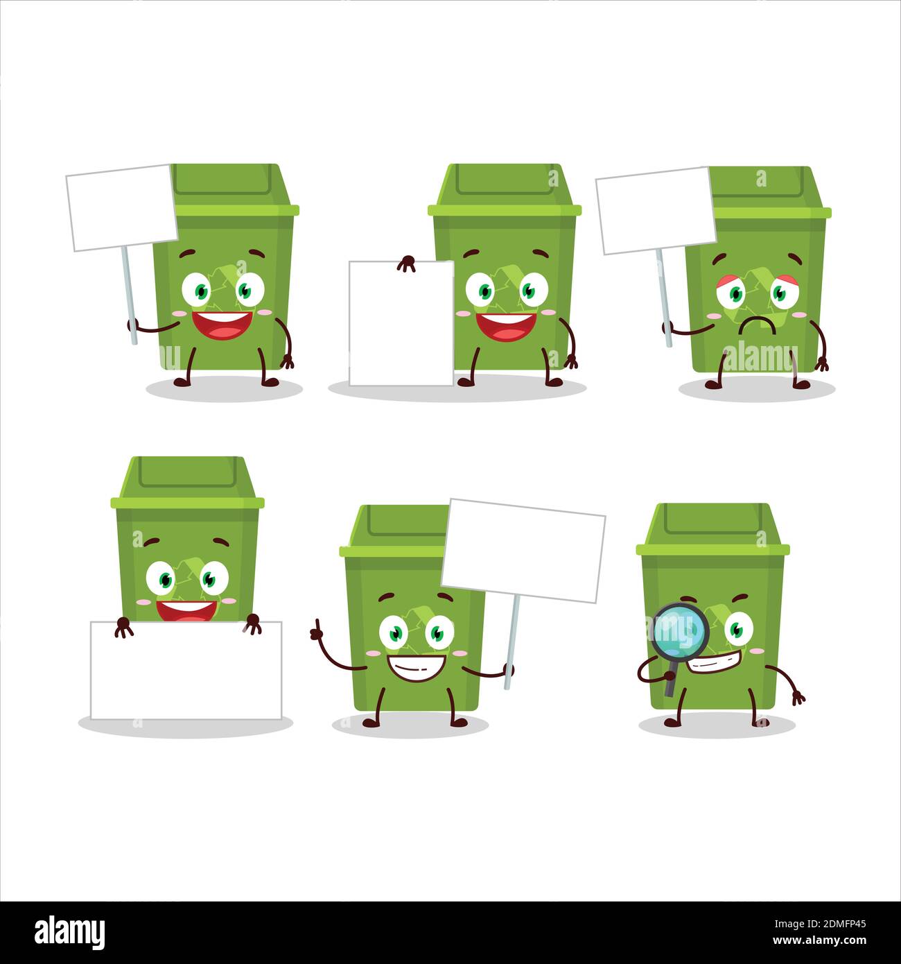 Recycle trash can cartoon character bring information board. Vector ...