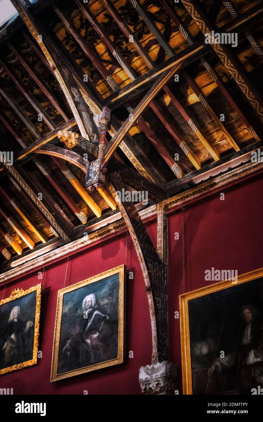 Internal portrait room in a castle featuring the ceiling detail Stock ...