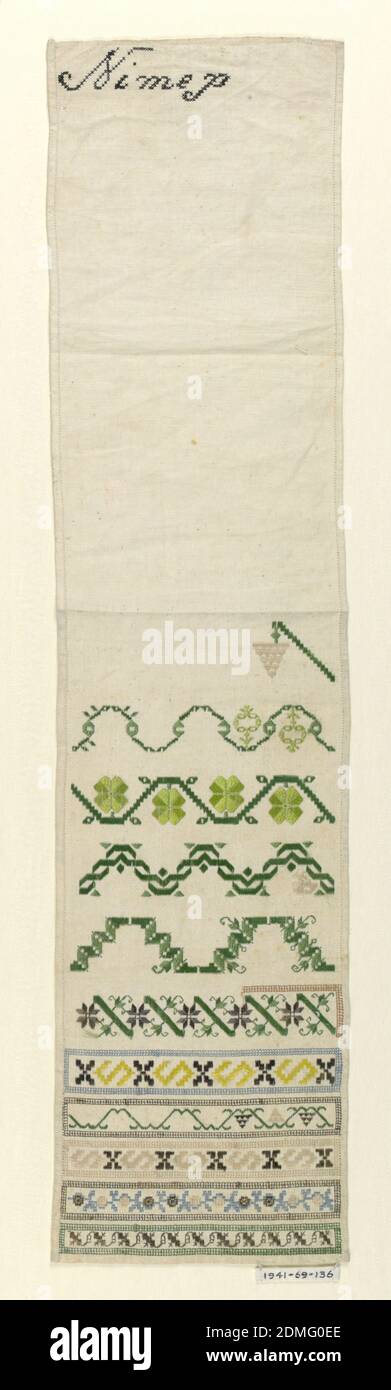 Sampler, Medium: silk embroidery, linen foundation Technique: counted ...