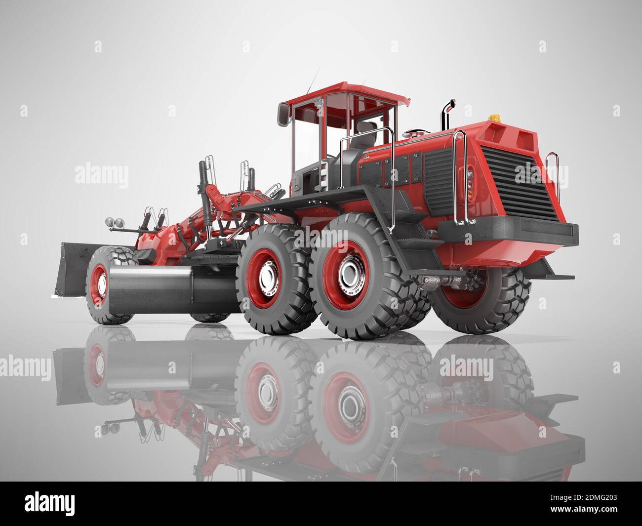 Red grader for dumping and leveling the road back view 3D rendering on ...