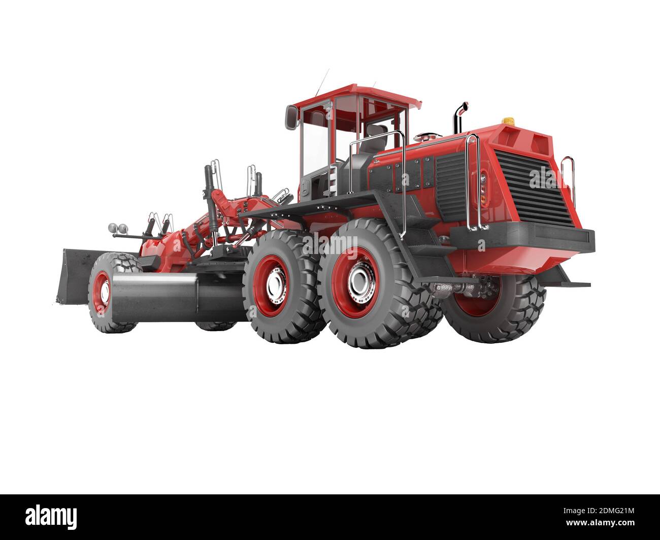 Red grader for dumping and leveling the road back view 3D rendering on ...
