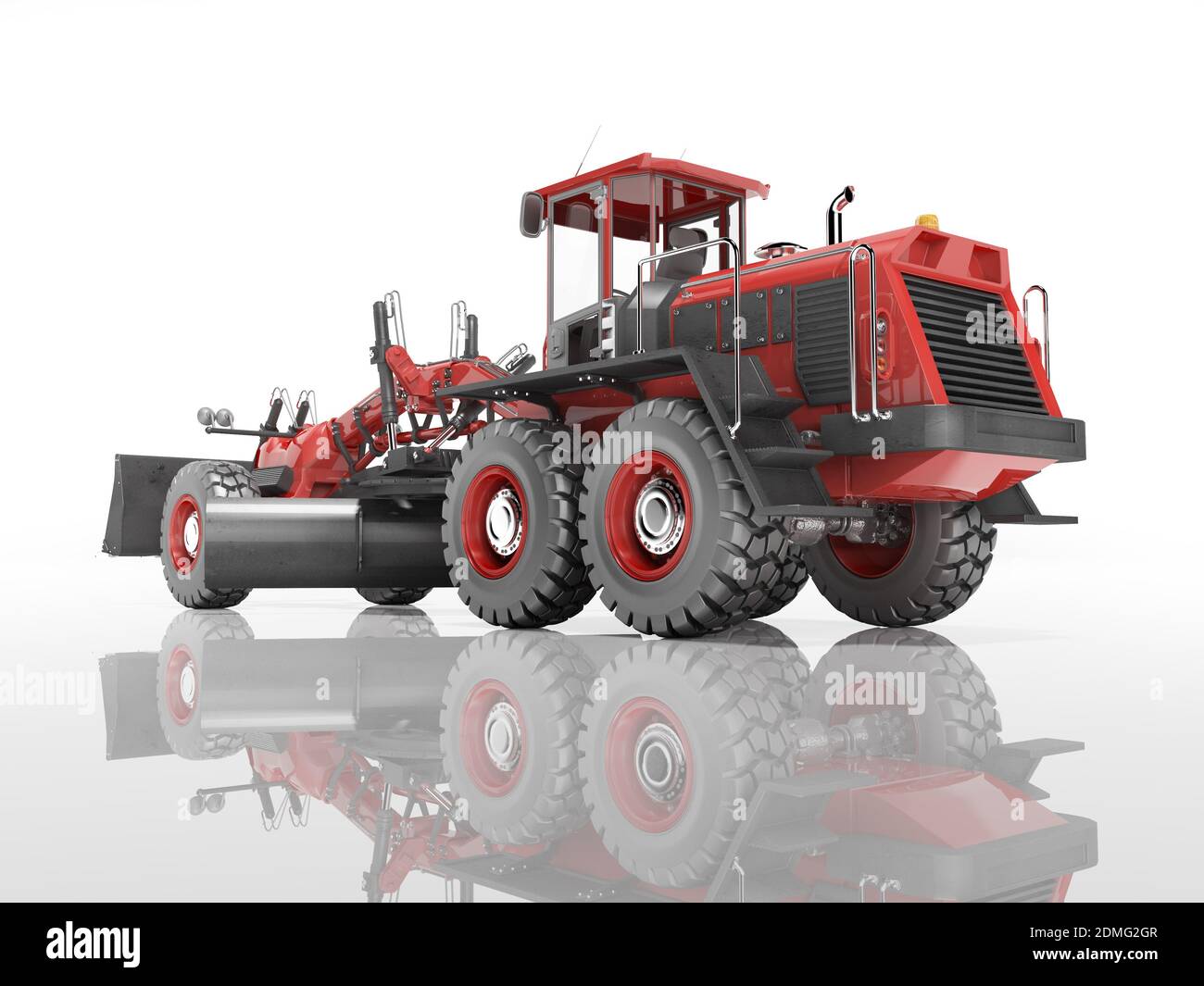 Red grader for dumping and leveling the road back view 3D rendering on ...