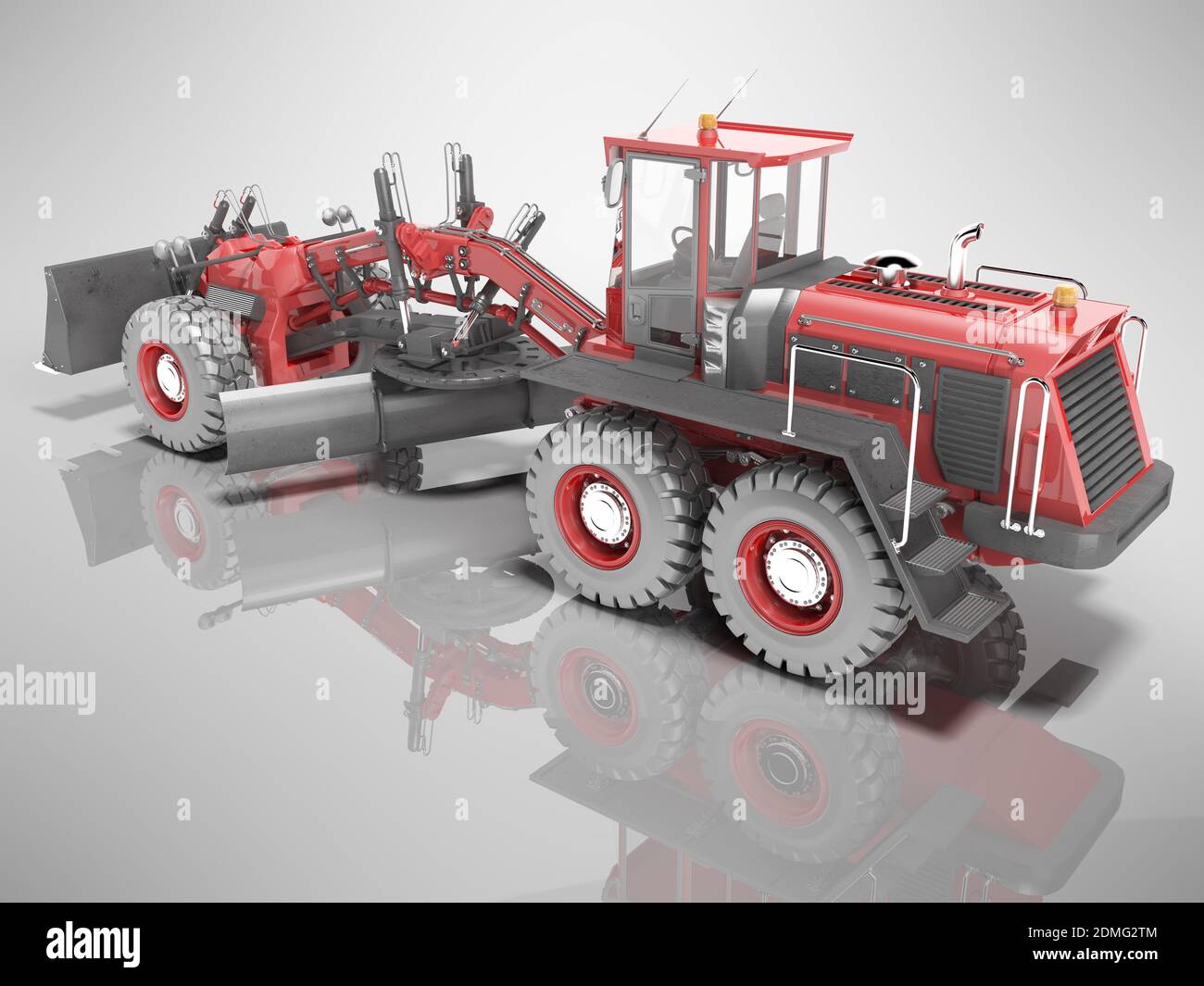 Red grader to align the road rear view 3D rendering on gray background ...