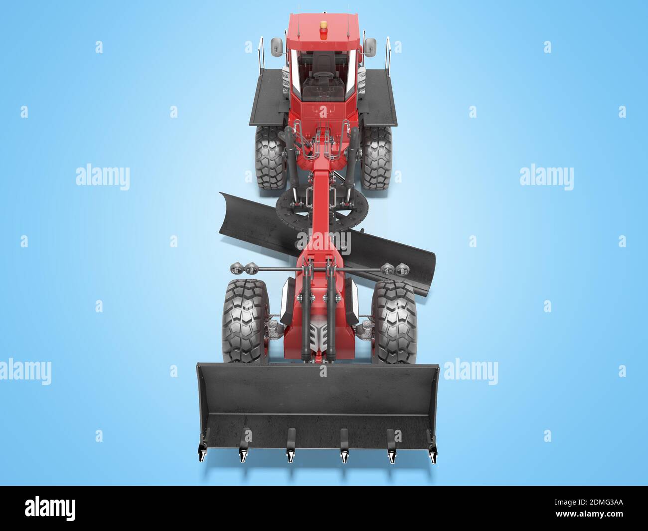 Red grader to align the road top view 3D rendering on blue background ...