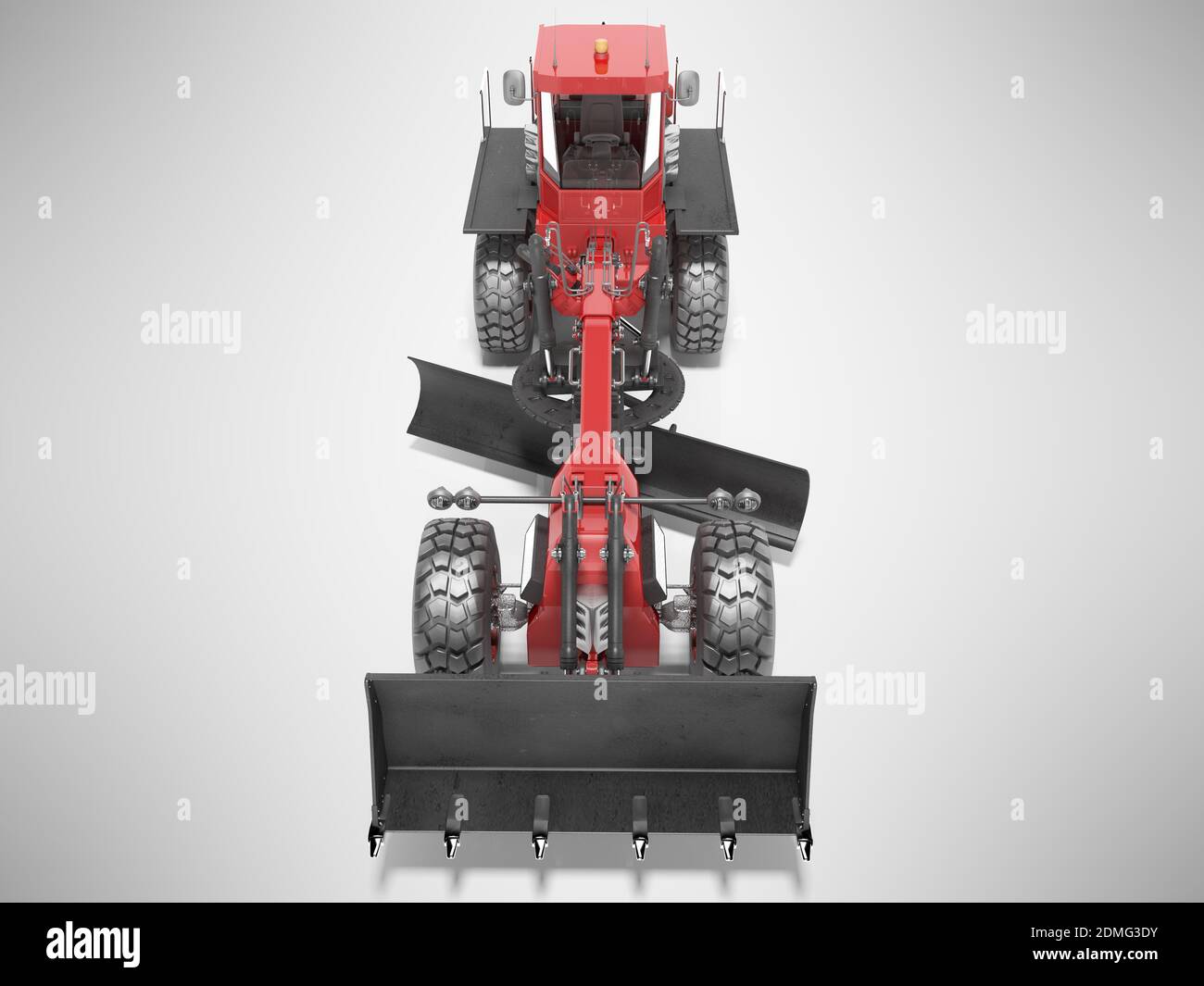 Red grader to align the road top view 3D rendering on gray background ...