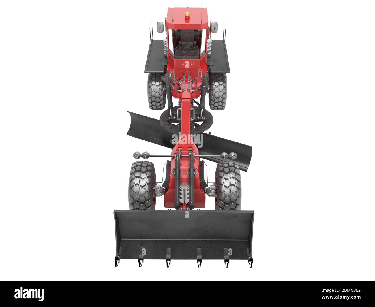 Red grader to align the road top view 3D rendering on white background ...