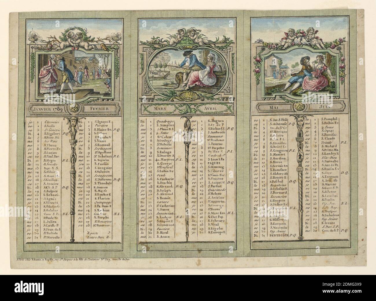Almanac for 1789, Engraving, brush and watercolor on paper, Calendar ...