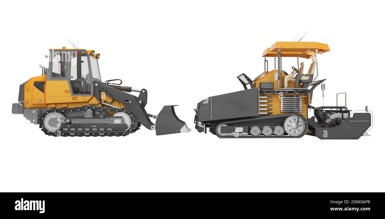 Road construction machinery crawler paver and caterpillar bulldozer ...