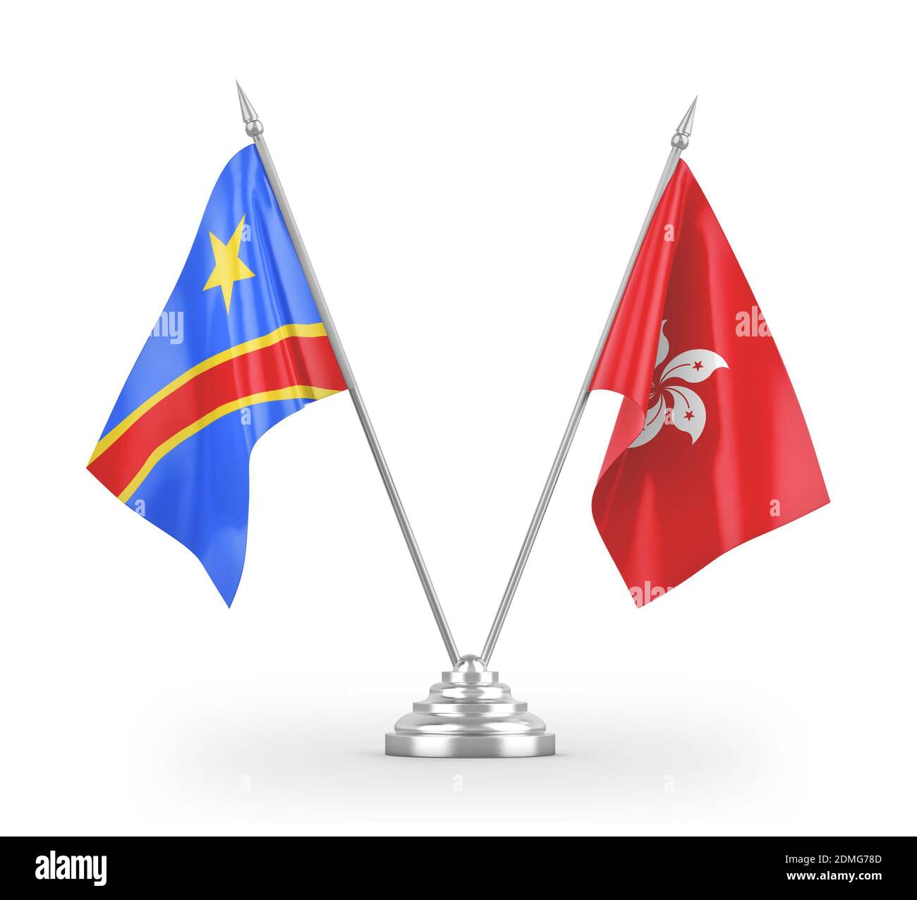 Hong Kong and Congo Democratic Republic table flags isolated on white ...