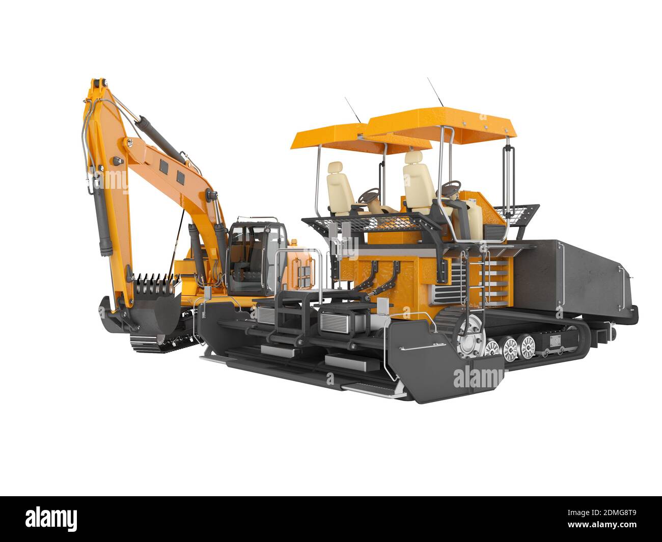 Road machinery orange asphalt spreader machine and crawler excavator 3D ...
