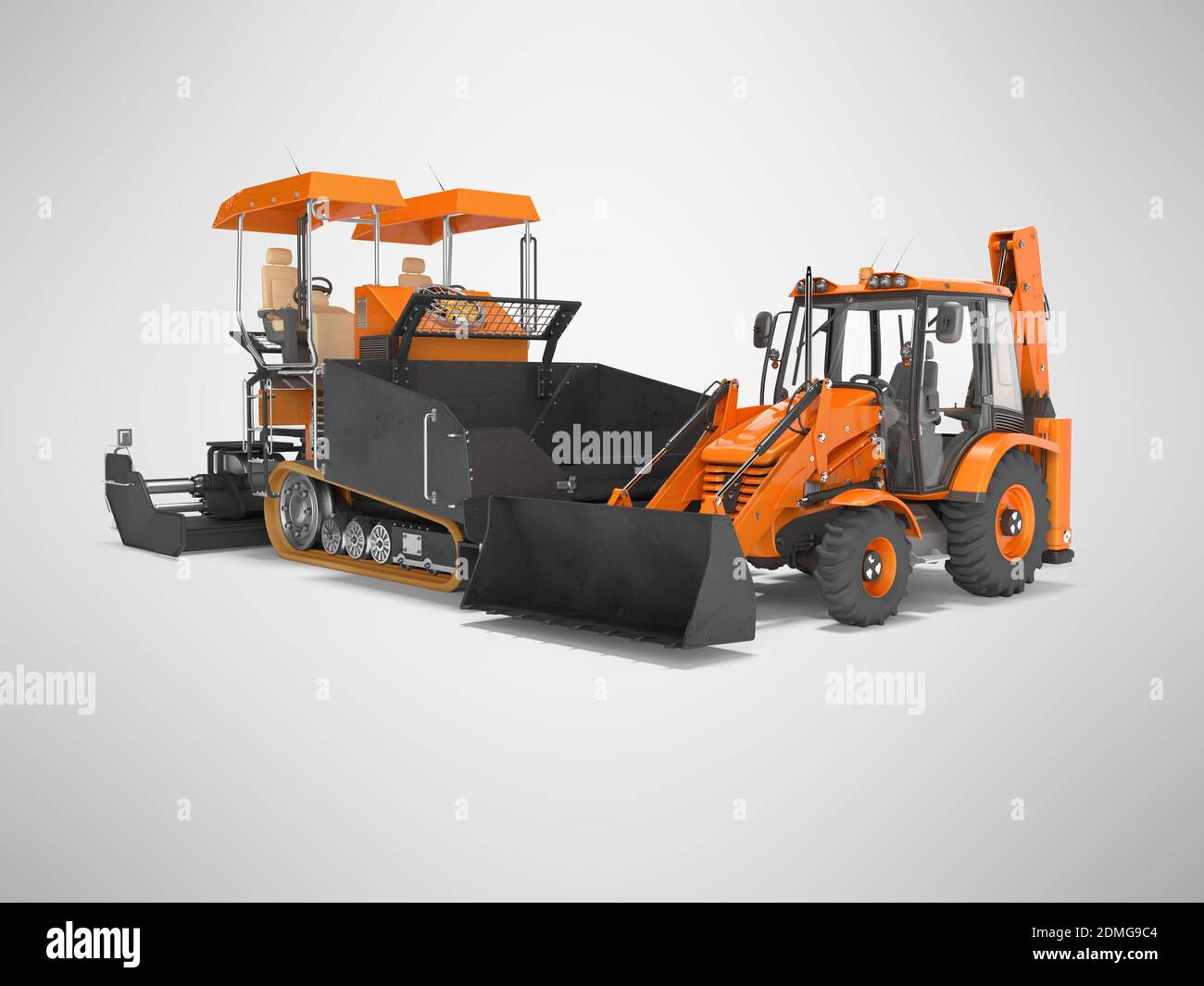 Road machinery orange asphalt spreader machine and tractor 3D rendering ...