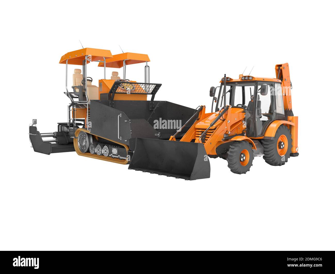Road machinery orange asphalt spreader machine and tractor 3D rendering ...