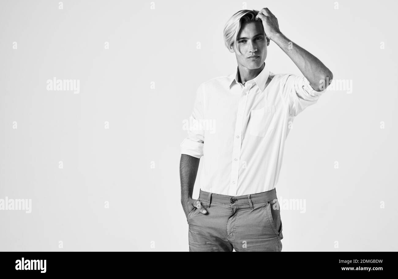 Handsome man puzzled look business finance model cropped view Stock ...