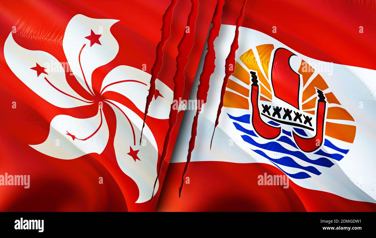 Hong Kong and French Polynesia flags with scar concept. Waving flag,3D rendering. Hong Kong and ...