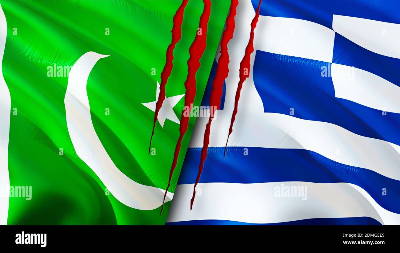 Pakistan and Greece flags with scar concept. Waving flag,3D rendering ...