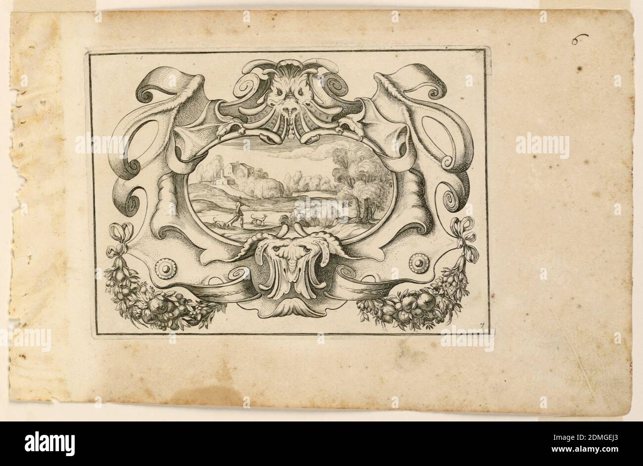 print, Etching on off white laid paper, Cartouche with a landscape ...