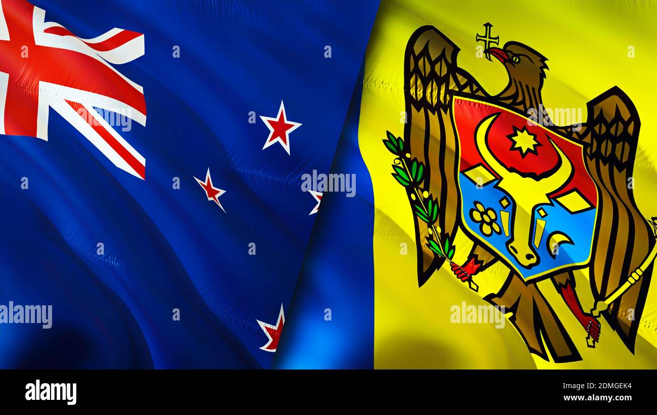 New Zealand and Moldova flags. 3D Waving flag design. New Zealand ...
