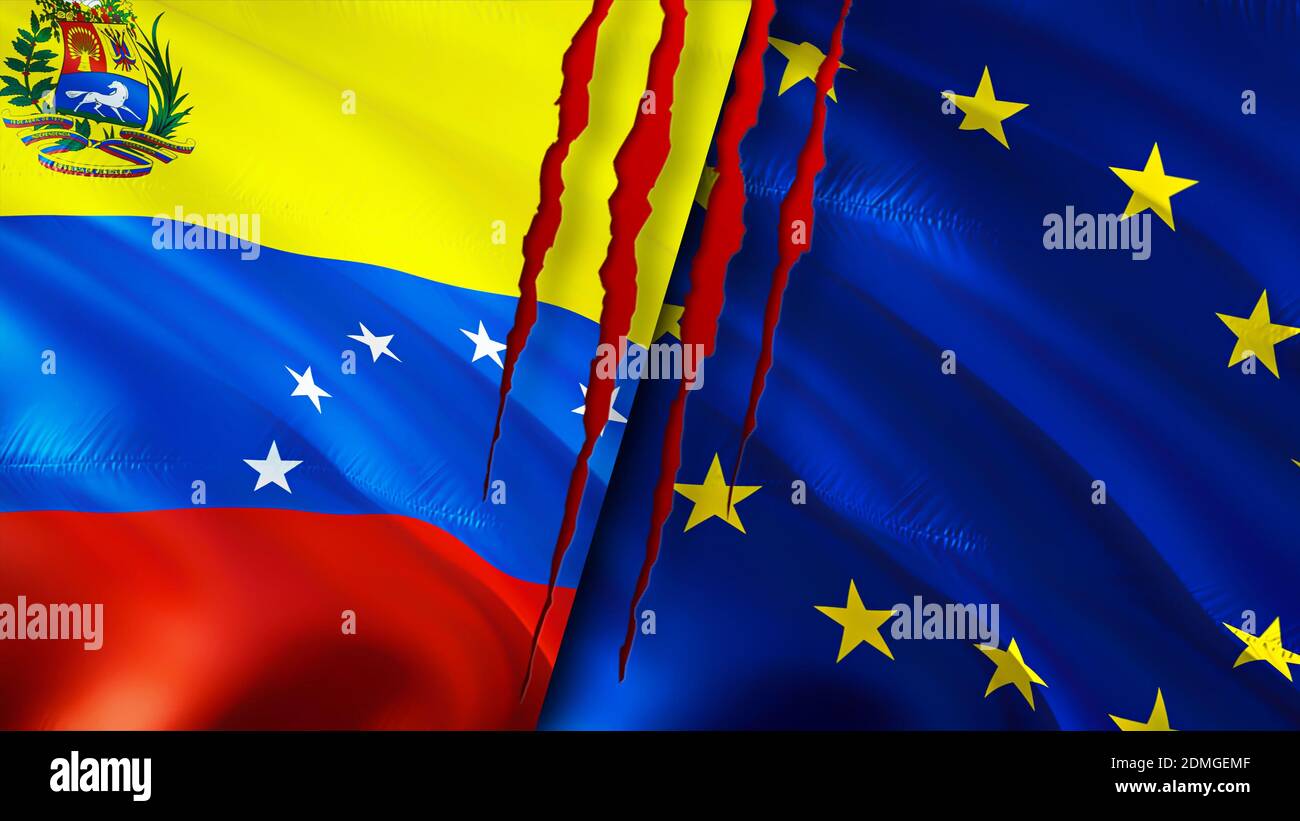 Venezuela and European Union flags with scar concept. Waving flag,3D ...