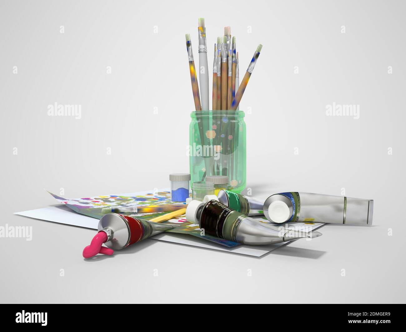 Set of artist tubes with paint brushes paper for drawing 3d rendering ...