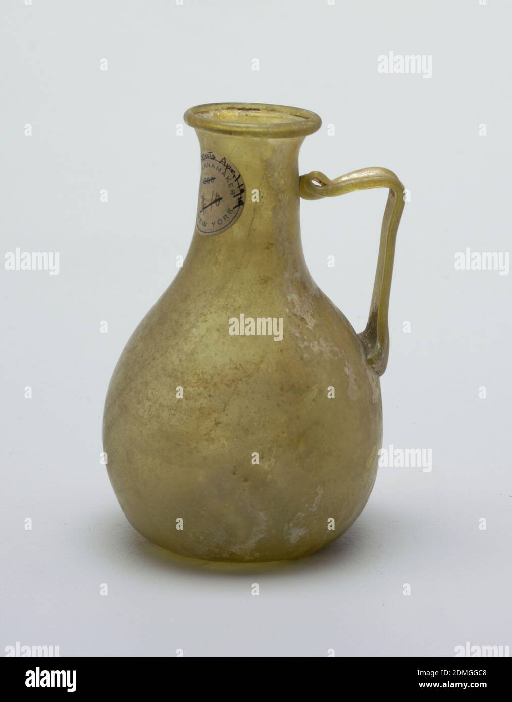 Ampulla, Glass, Olive green, iridescent, pear-shaped body with slightly ...