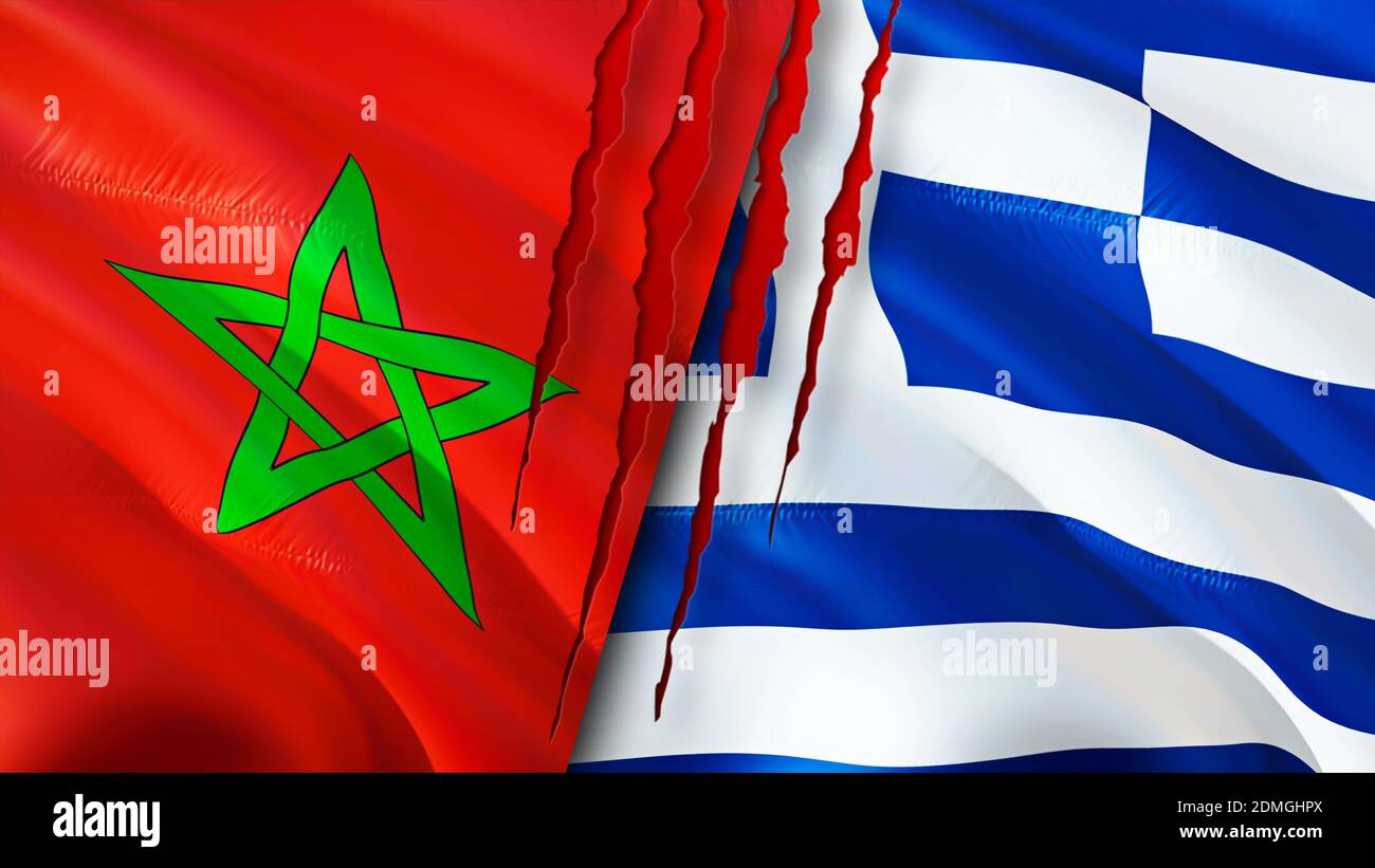Morocco and Greece flags with scar concept. Waving flag,3D rendering ...