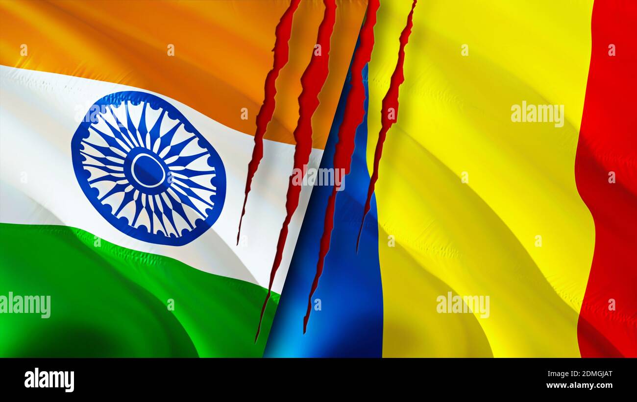 India and Romania flags with scar concept. Waving flag,3D rendering ...