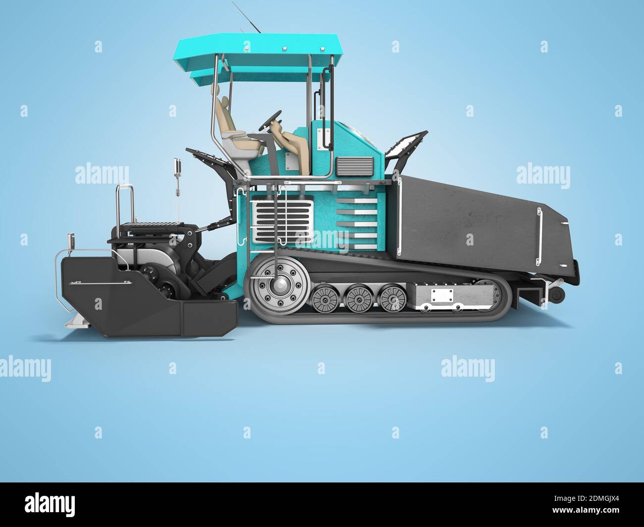 Turquoise asphalt spreader machine side view 3D rendering on blue ...